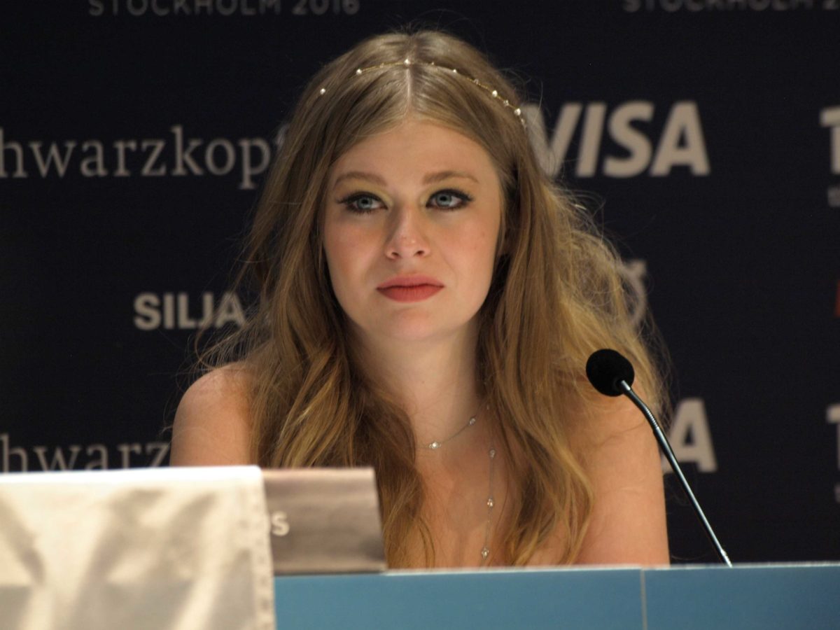 Zoë representing Austria at the press conference after Semifinal 1 ...
